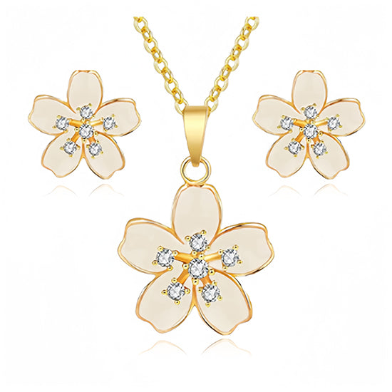 Sakura Flower Necklace Earrings Set for Women - 18K Gold Plated Hypoal